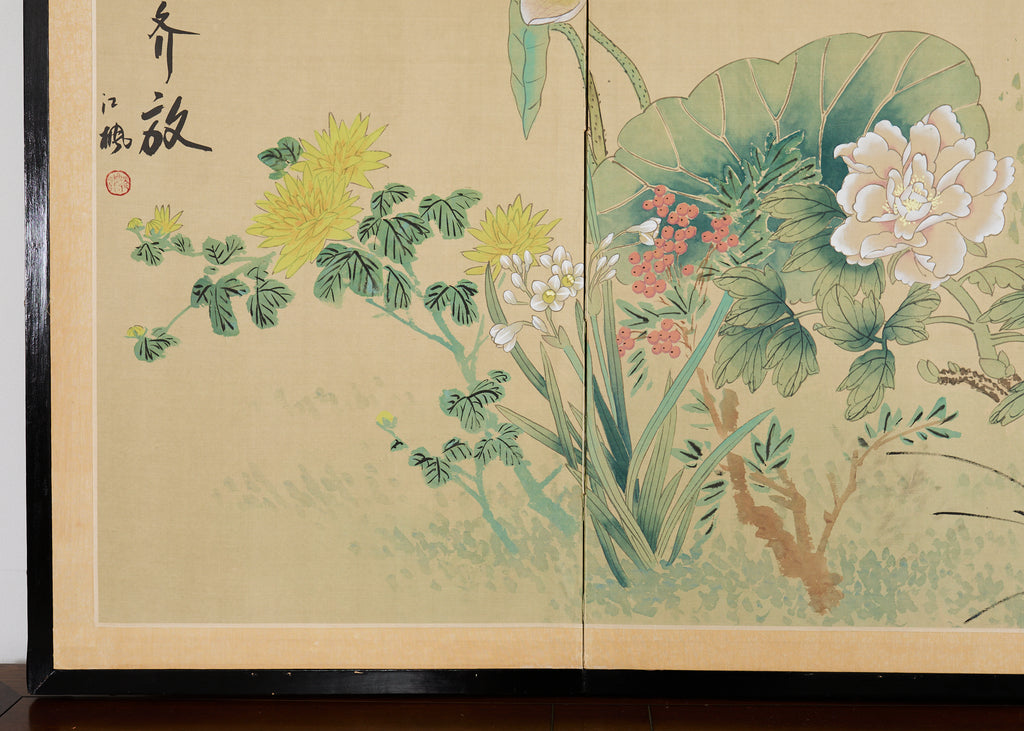 Asian Four Panel Byobu Screen Hundred Flowers Bloom – Erin Lane Estate